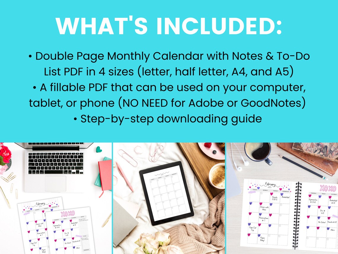 Undated Monthly Calendar Planner Printable • Double Page/month on Two ...