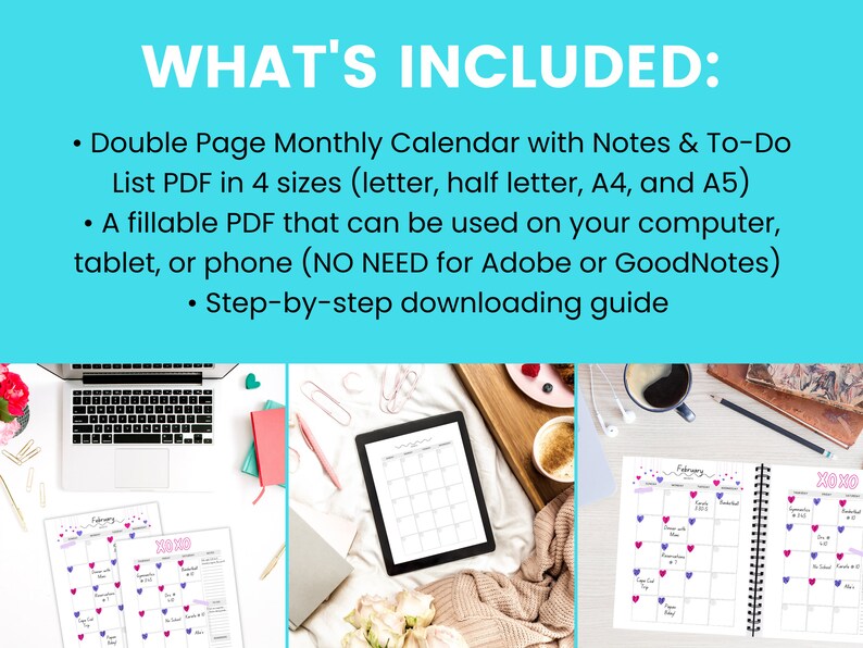 Undated Monthly Calendar Planner Printable • Double Page/month on Two ...