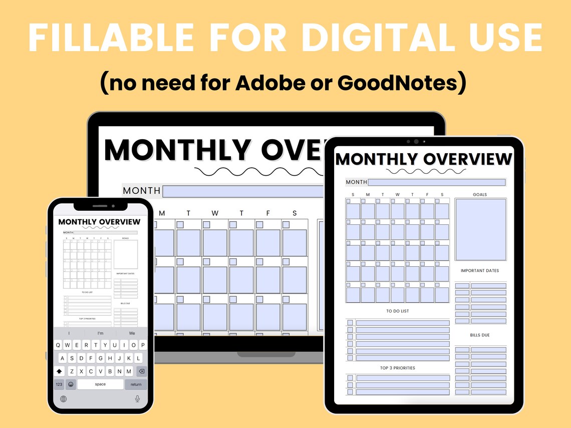 Monthly Overview Printable Template editable Fillable - Etsy