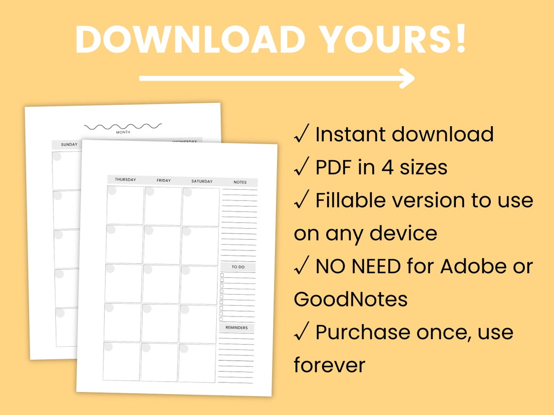 Undated Monthly Calendar Planner Printable • Double Page/month on Two ...