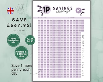 1p Saving Challenge, One Penny Saving Challenge Printable, A4, A5 ...