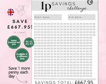 1p Saving Challenge, One Penny Saving Challenge Printable, A4, A5 ...