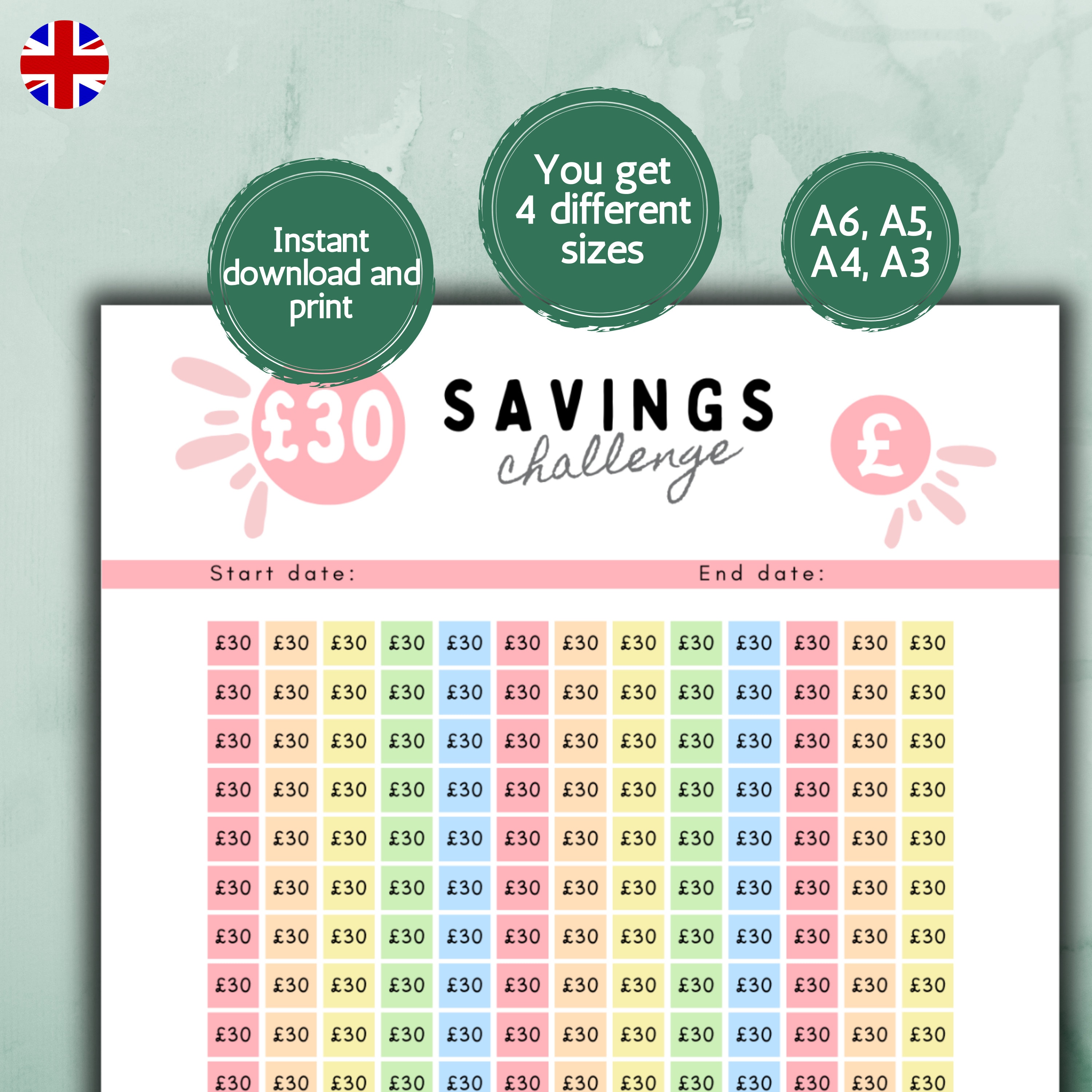 30 Pound Savings Tracker, 30 Pound Savings Challenge, UK Saving ...