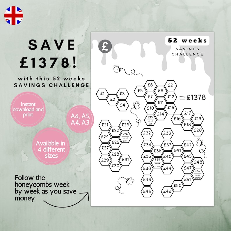 52 Week Savings Challenge Printable, UK Saving Challenge A3, A4, A5, A6 ...