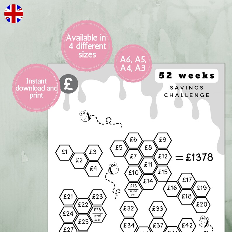 52 Week Savings Challenge Printable, UK Saving Challenge A3, A4, A5, A6 ...