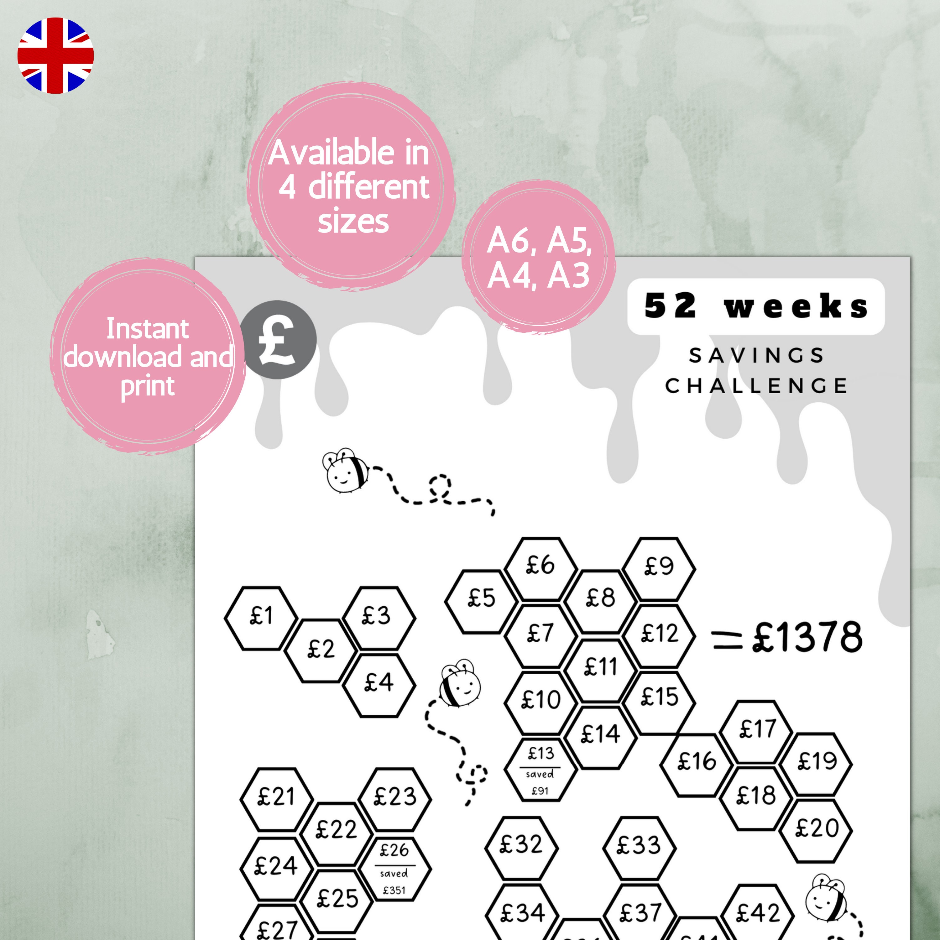 52 Week Savings Challenge Printable, UK Saving Challenge A3, A4, A5, A6 ...