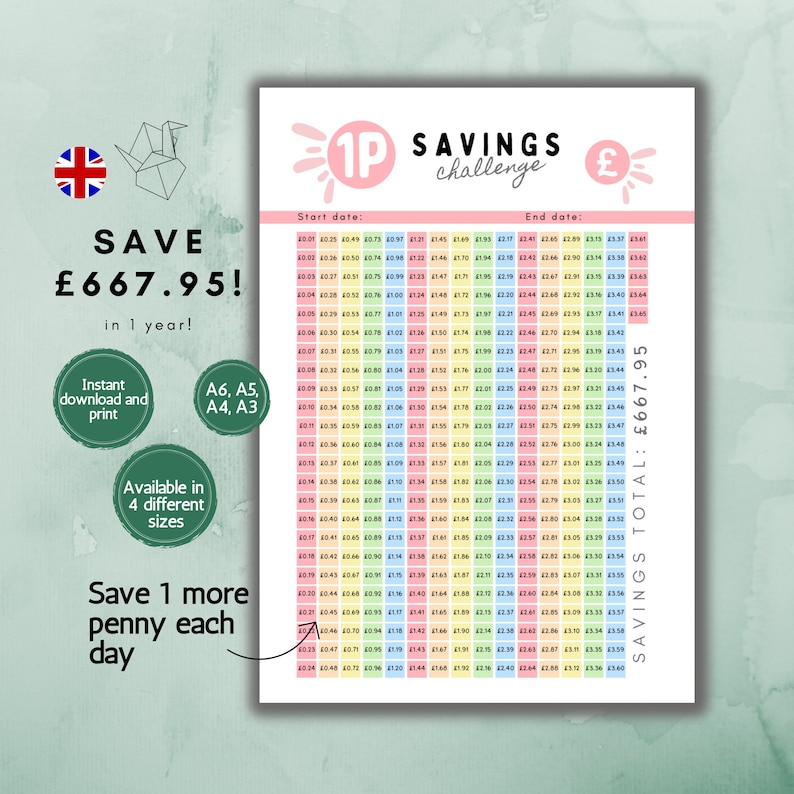 1p Saving Challenge, UK Saving Challenge Printable A3, A4, A5, A6 ...