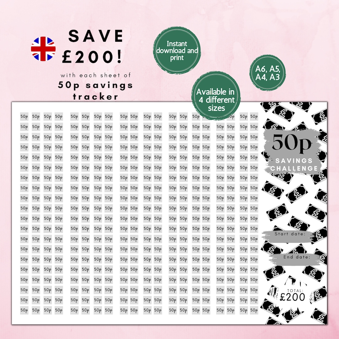 50p Savings Tracker, 50p Savings Challenge, UK Saving Challenge ...