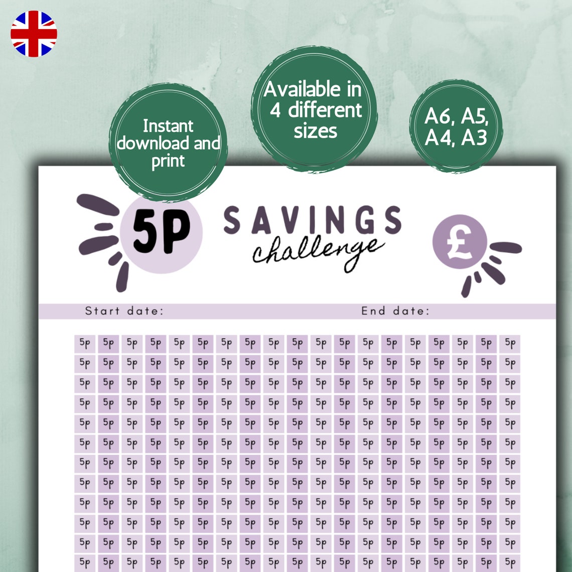 5p Savings Tracker, 5p Savings Challenge, UK Saving Challenge Printable ...