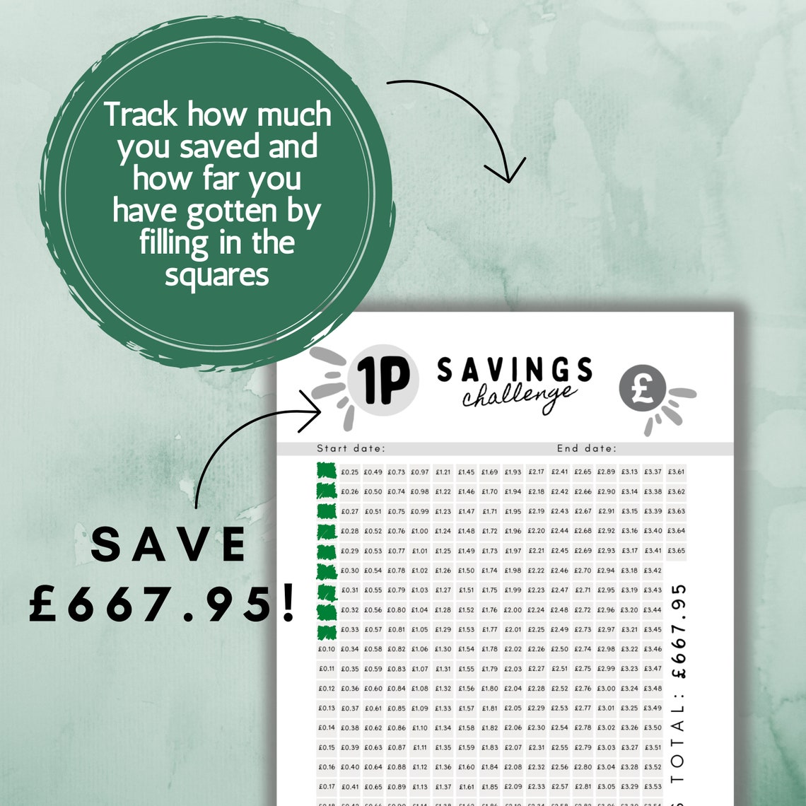 1p Saving Challenge, UK Saving Challenge Printable A3, A4, A5, A6 ...