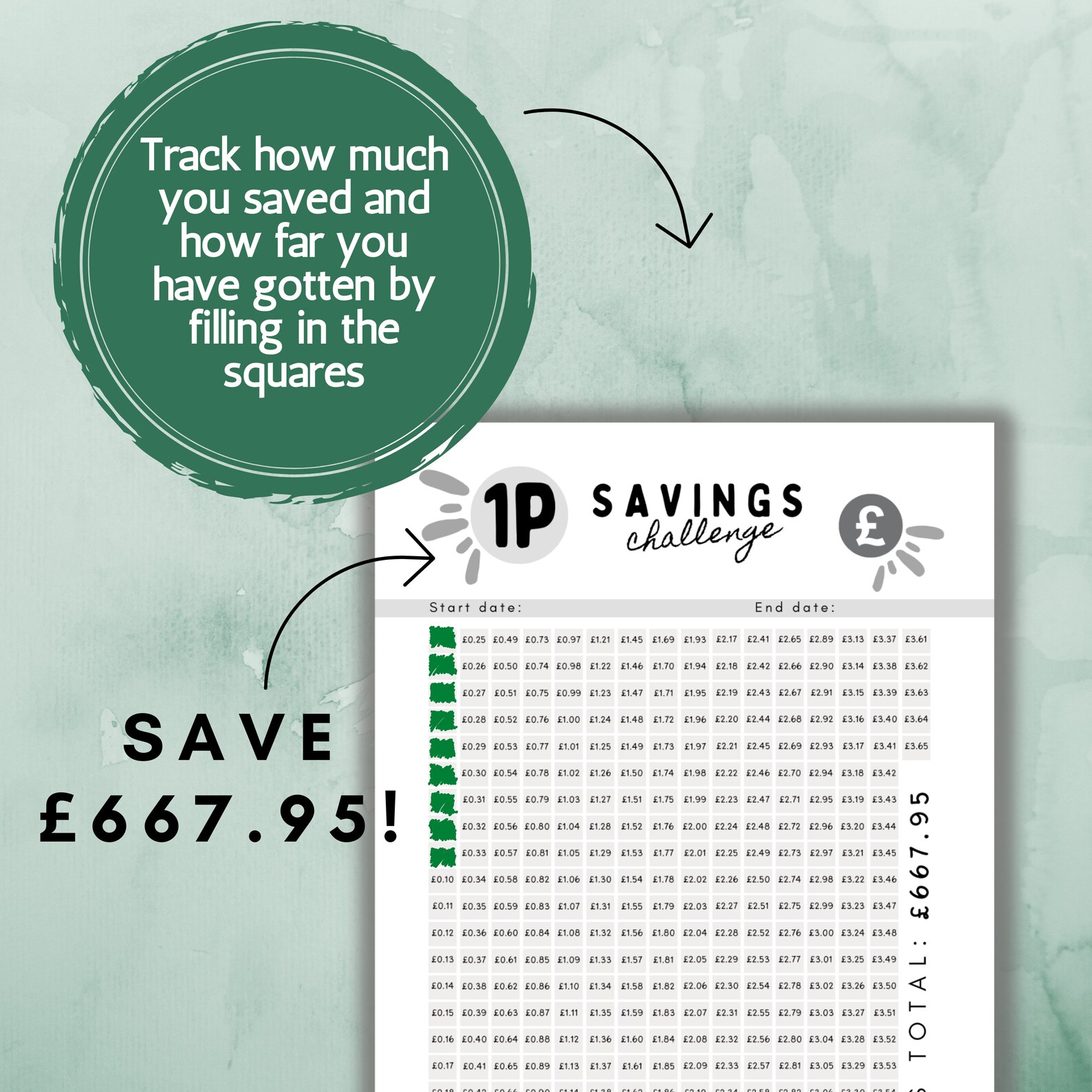 1p Saving Challenge, UK Saving Challenge Printable A3, A4, A5, A6 ...