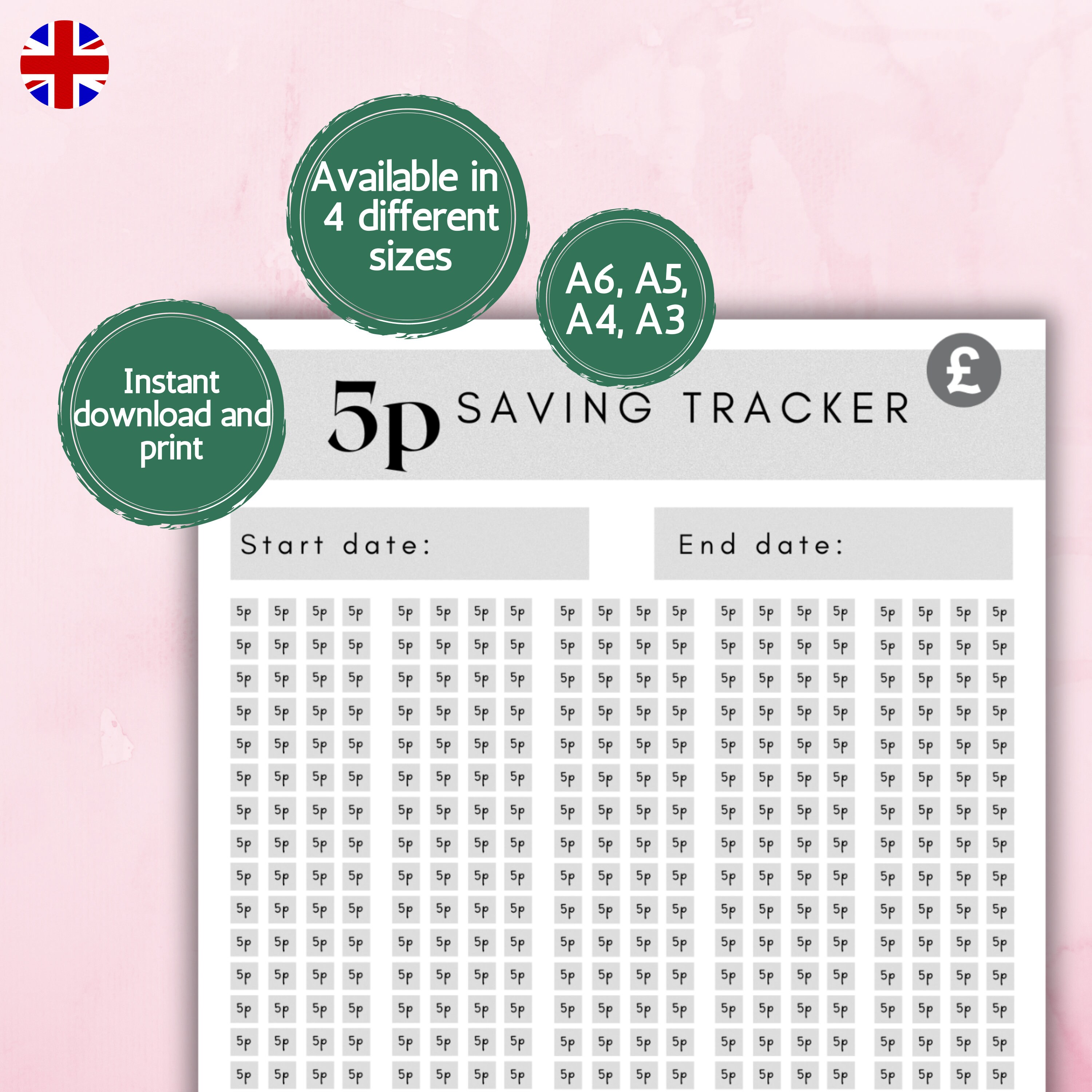 5p Savings Tracker, 5p Savings Challenge, UK Saving Challenge Printable ...