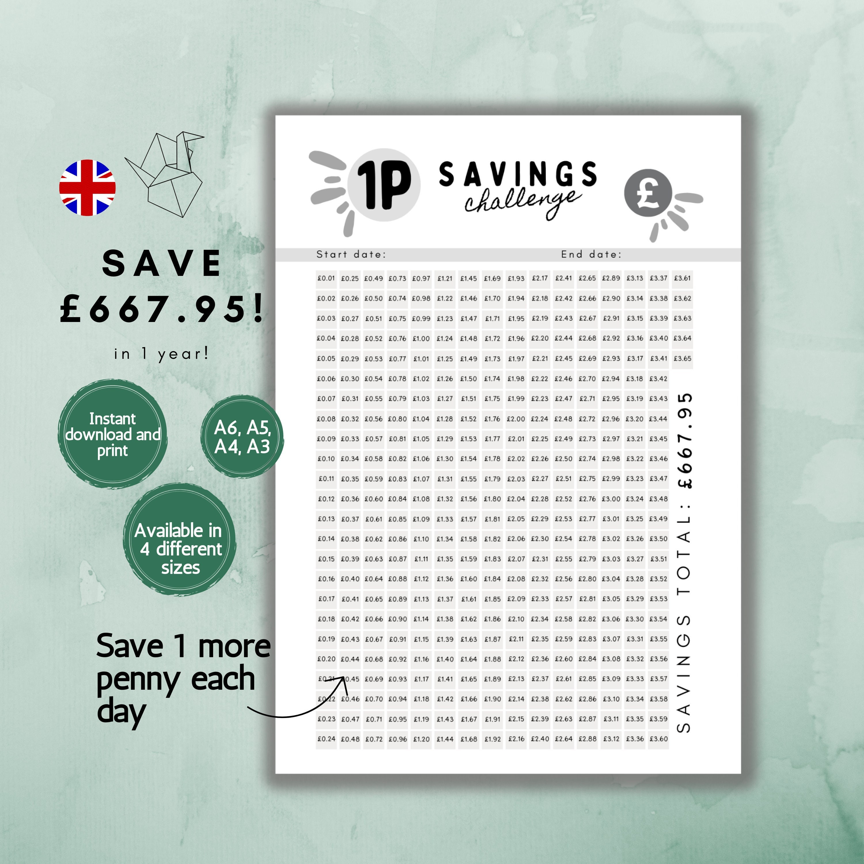 1p Saving Challenge, UK Saving Challenge Printable A3, A4, A5, A6 ...