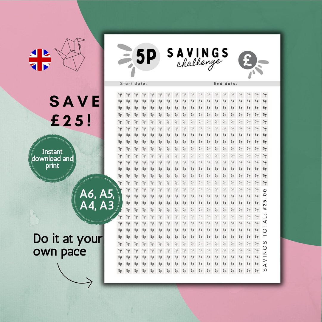 5p Savings Tracker, 5p Savings Challenge, UK Saving Challenge Printable ...