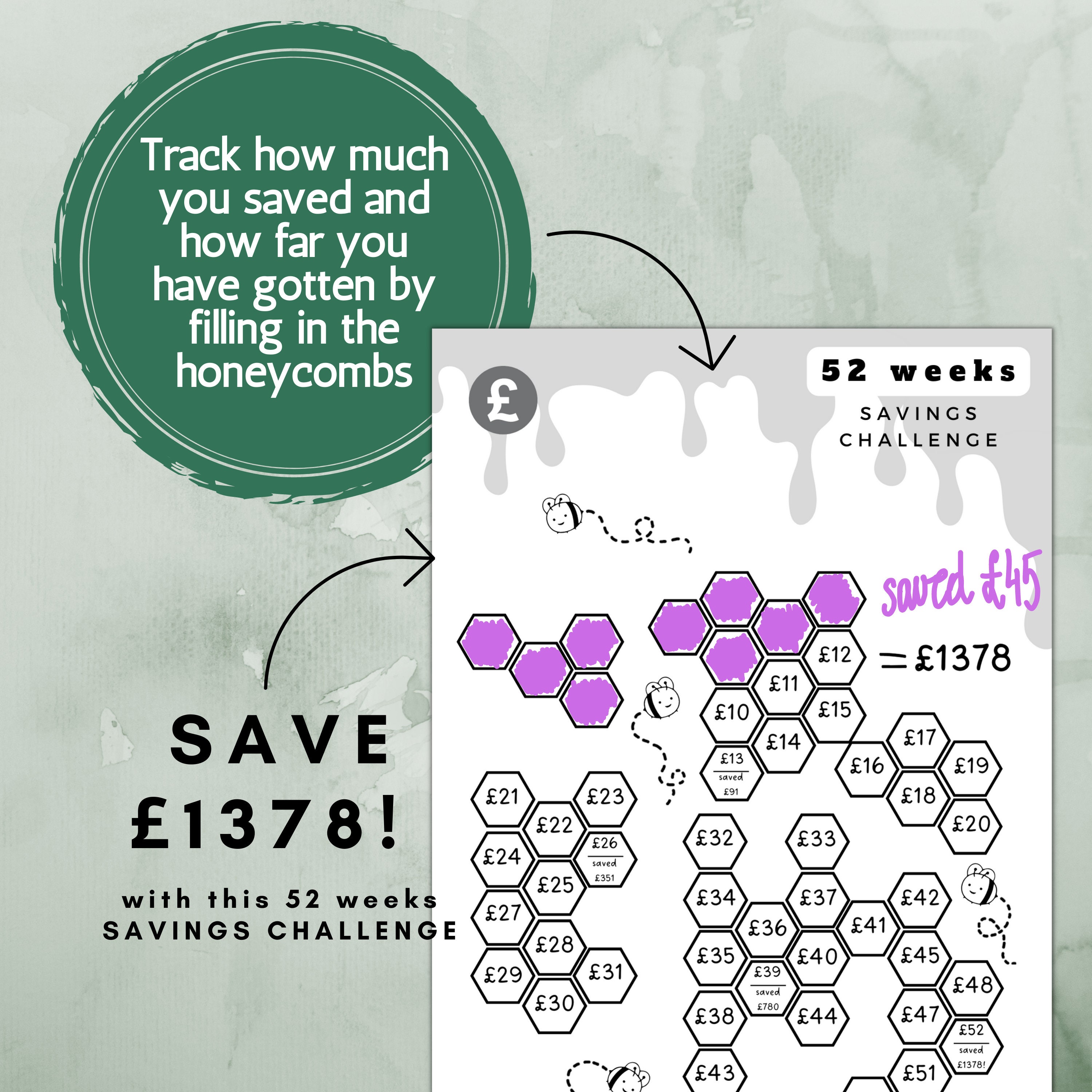52 Week Savings Challenge Printable, UK Saving Challenge A3, A4, A5, A6 ...