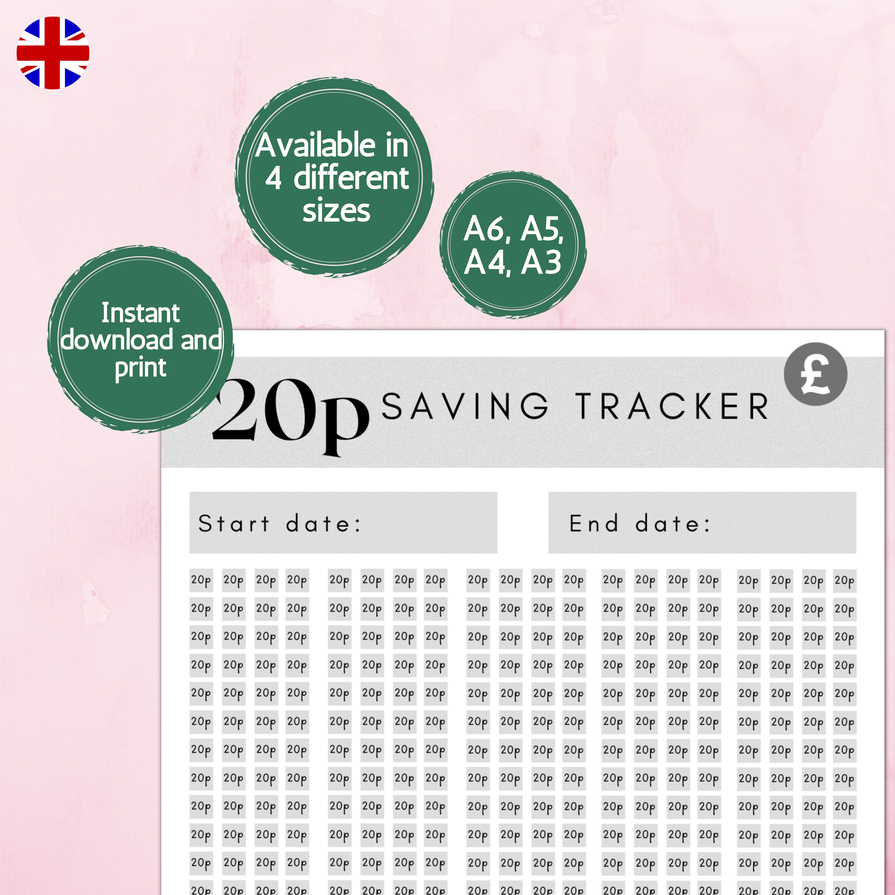 20p Savings Tracker, 20p Savings Challenge, UK Saving Challenge Printable A3, A4, A5, A6, Money ...
