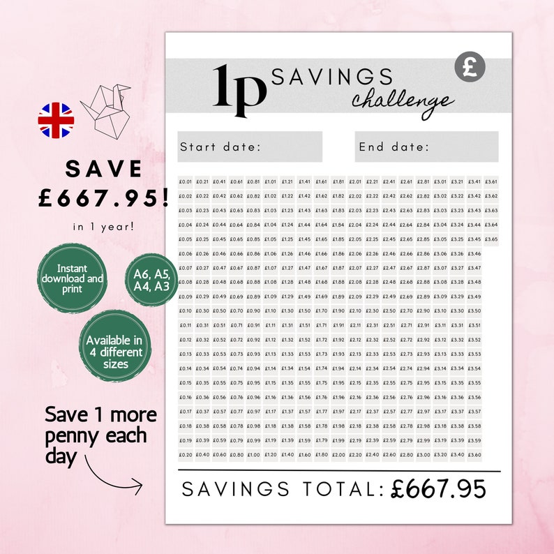 1p Saving Challenge, UK Saving Challenge Printable A3, A4, A5, A6 ...