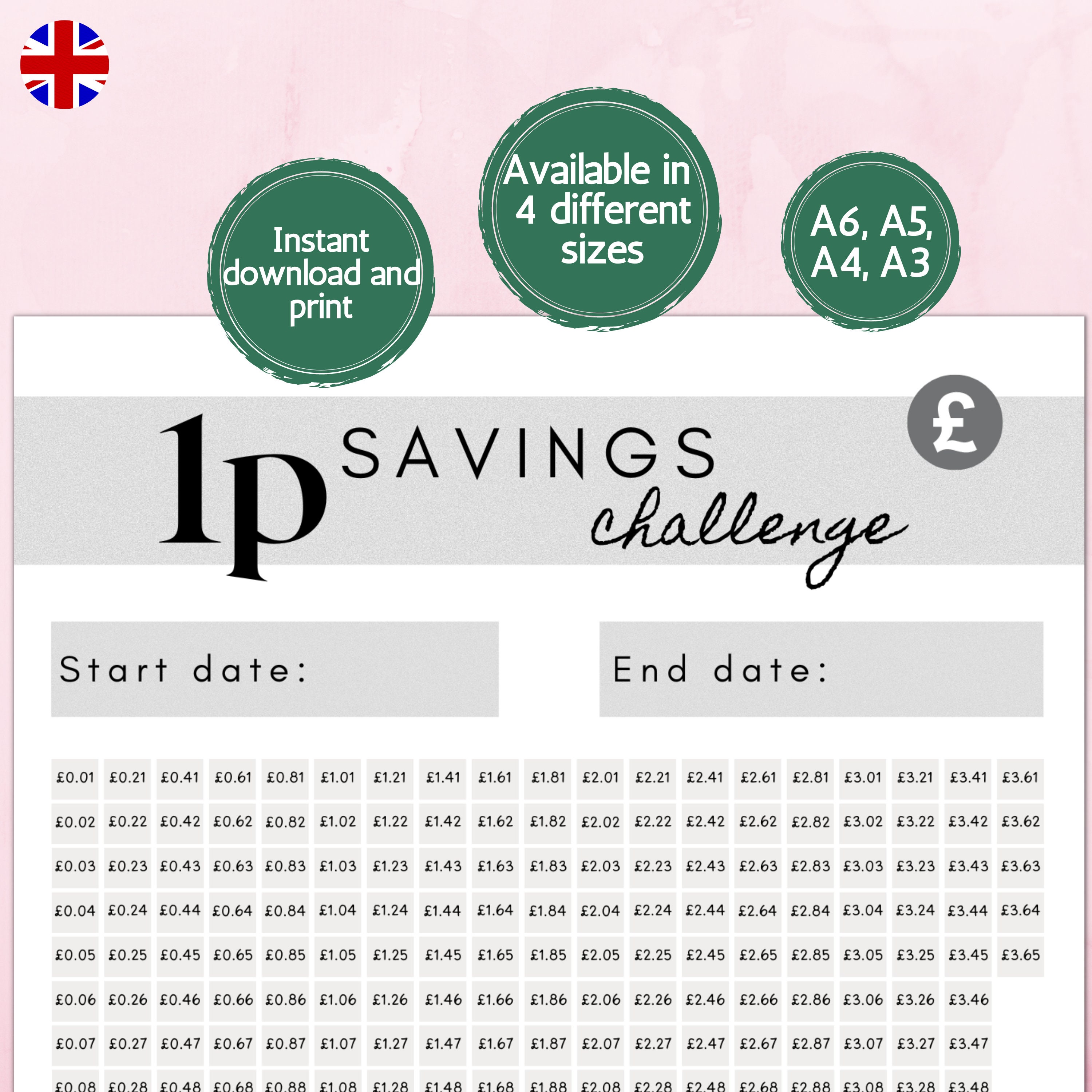 1p Saving Challenge, UK Saving Challenge Printable A3, A4, A5, A6 ...
