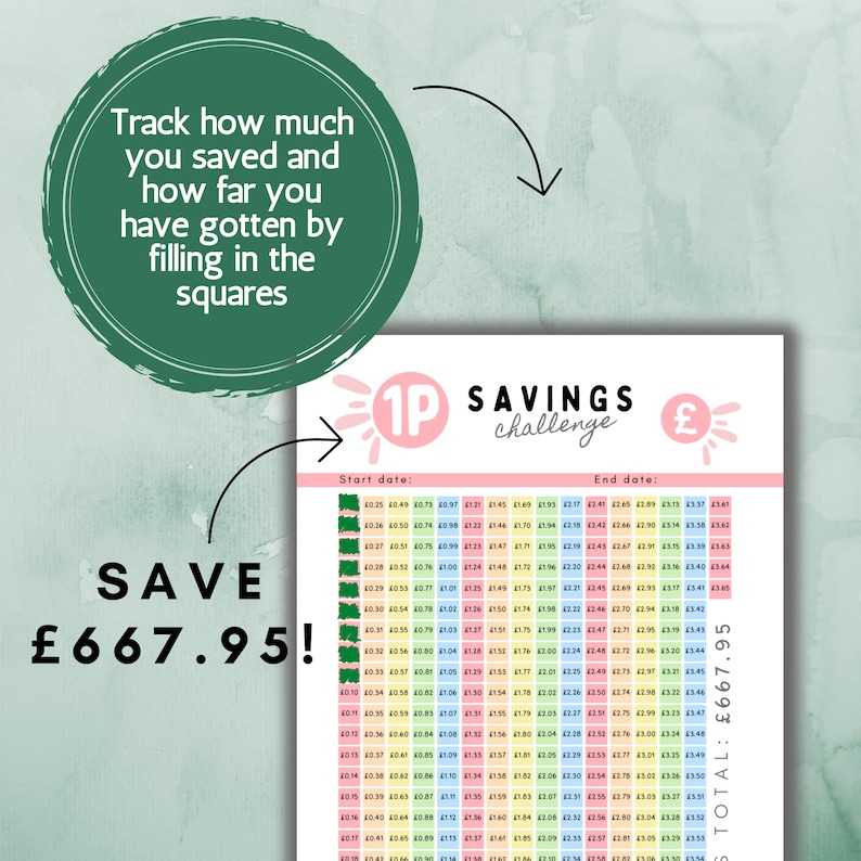 1p Saving Challenge, UK Saving Challenge Printable A3, A4, A5, A6 ...
