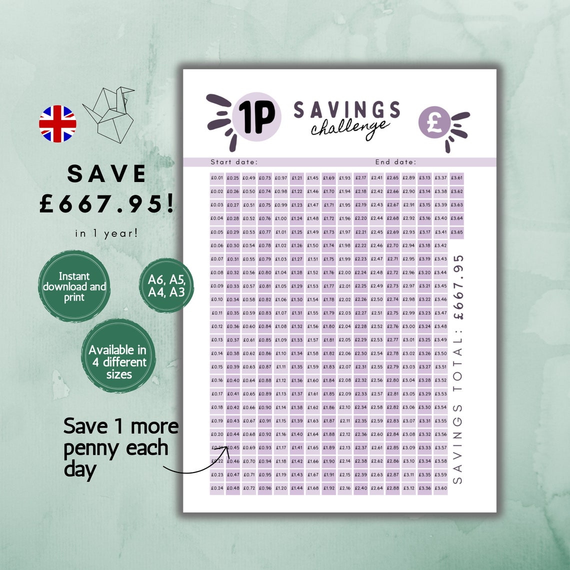 1p Saving Challenge, UK Saving Challenge Printable A3, A4, A5, A6 ...