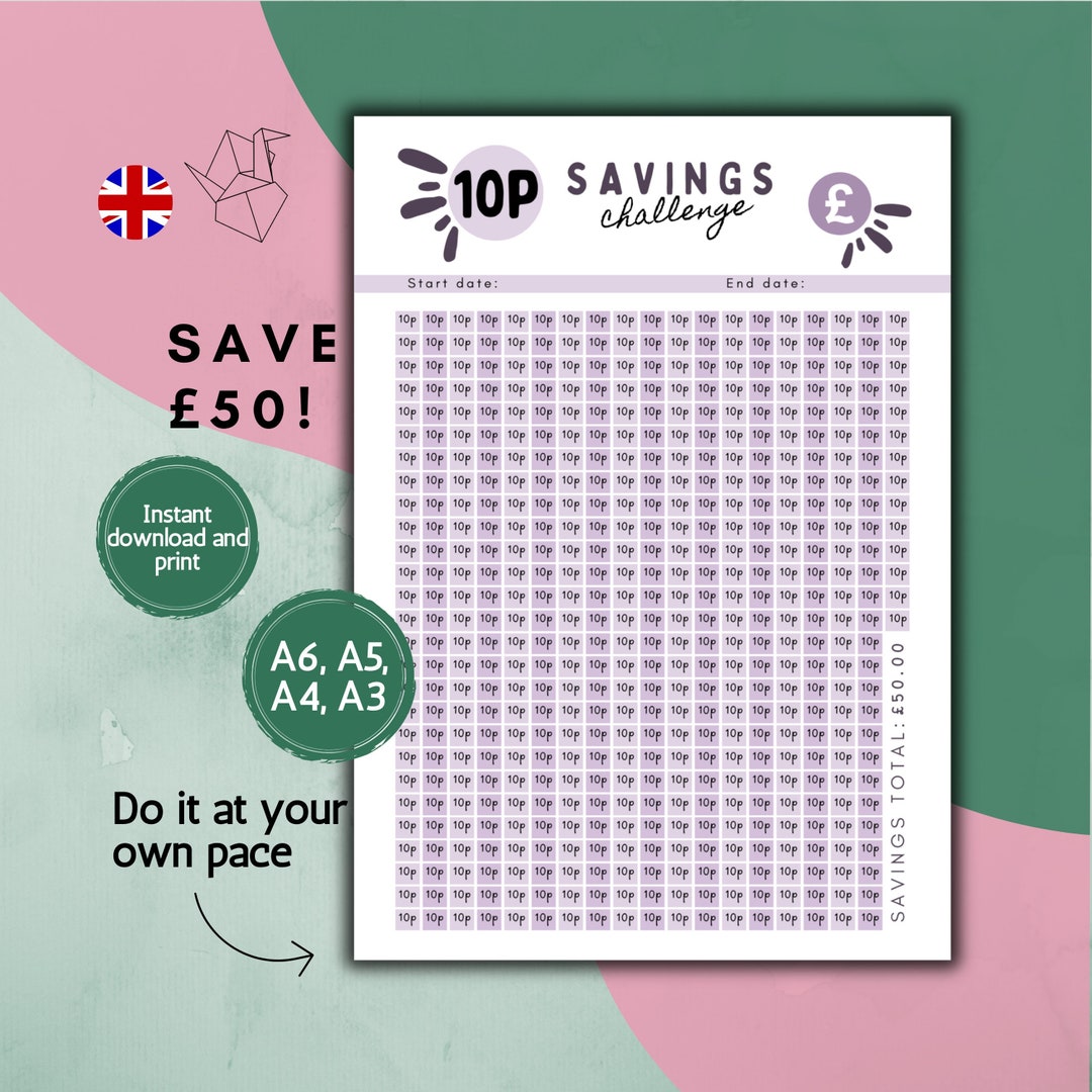 10p Savings Tracker, 10p Savings Challenge, UK Saving Challenge Printable A3, A4, A5, A6, Money ...