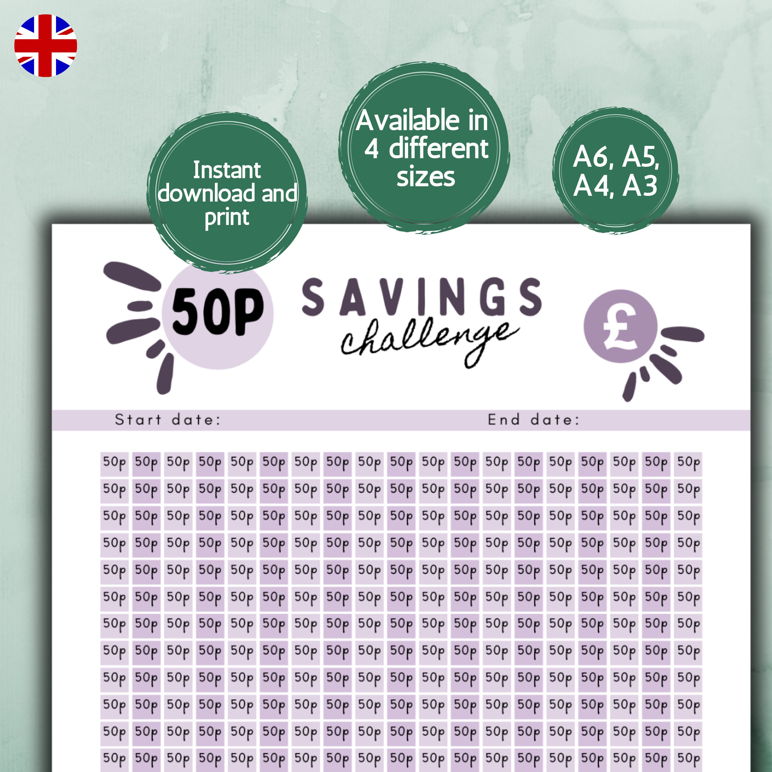 50p Savings Tracker, 50p Savings Challenge, UK Saving Challenge ...