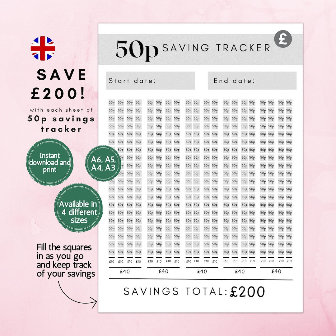 50p Savings Tracker, 50p Savings Challenge, UK Saving Challenge ...