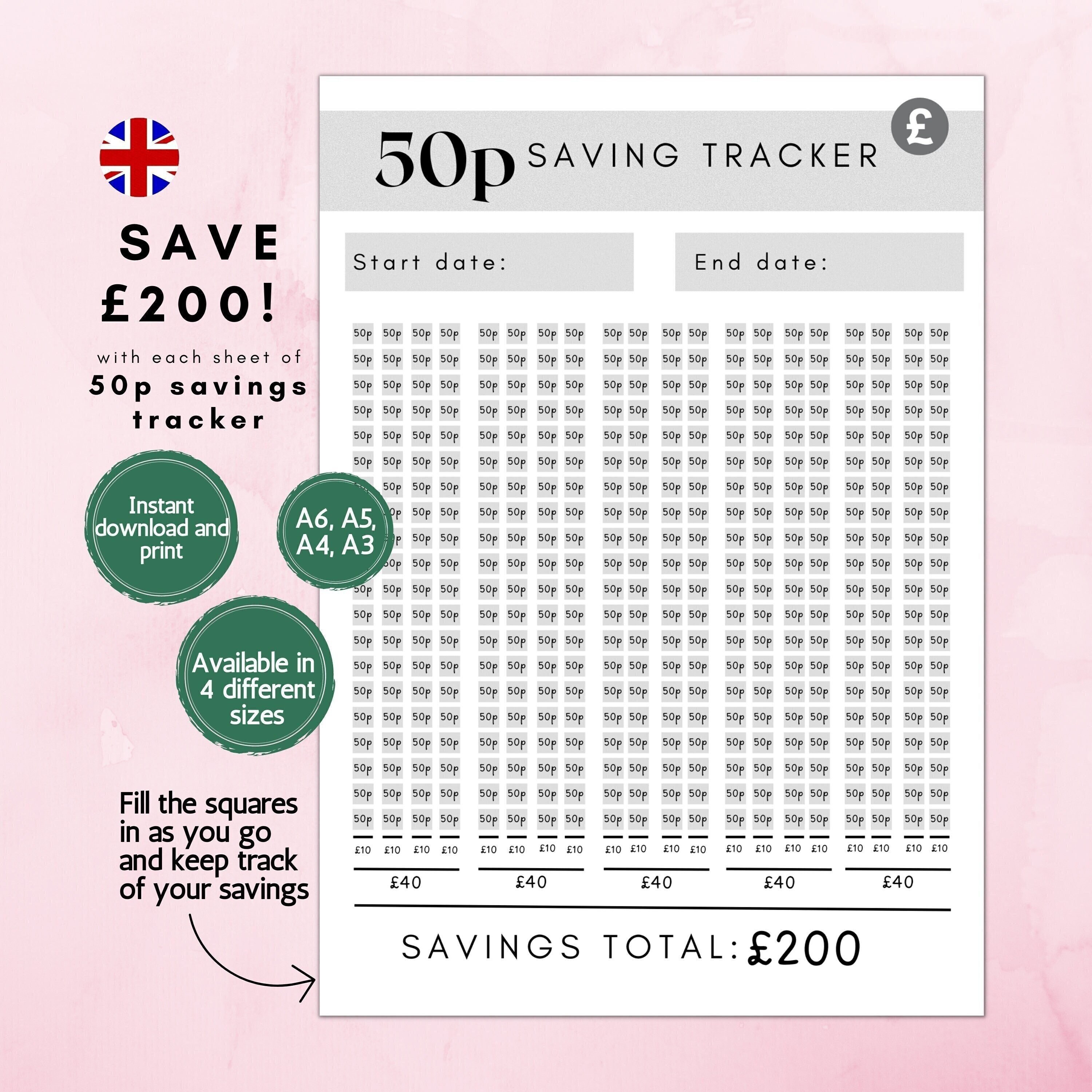 50p Savings Tracker, 50p Savings Challenge, UK Saving Challenge ...