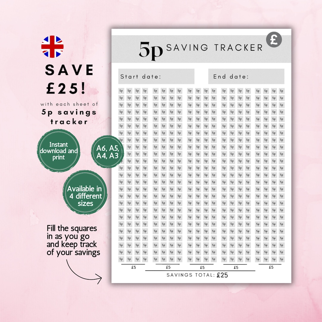 5p Savings Tracker, 5p Savings Challenge, UK Saving Challenge Printable ...