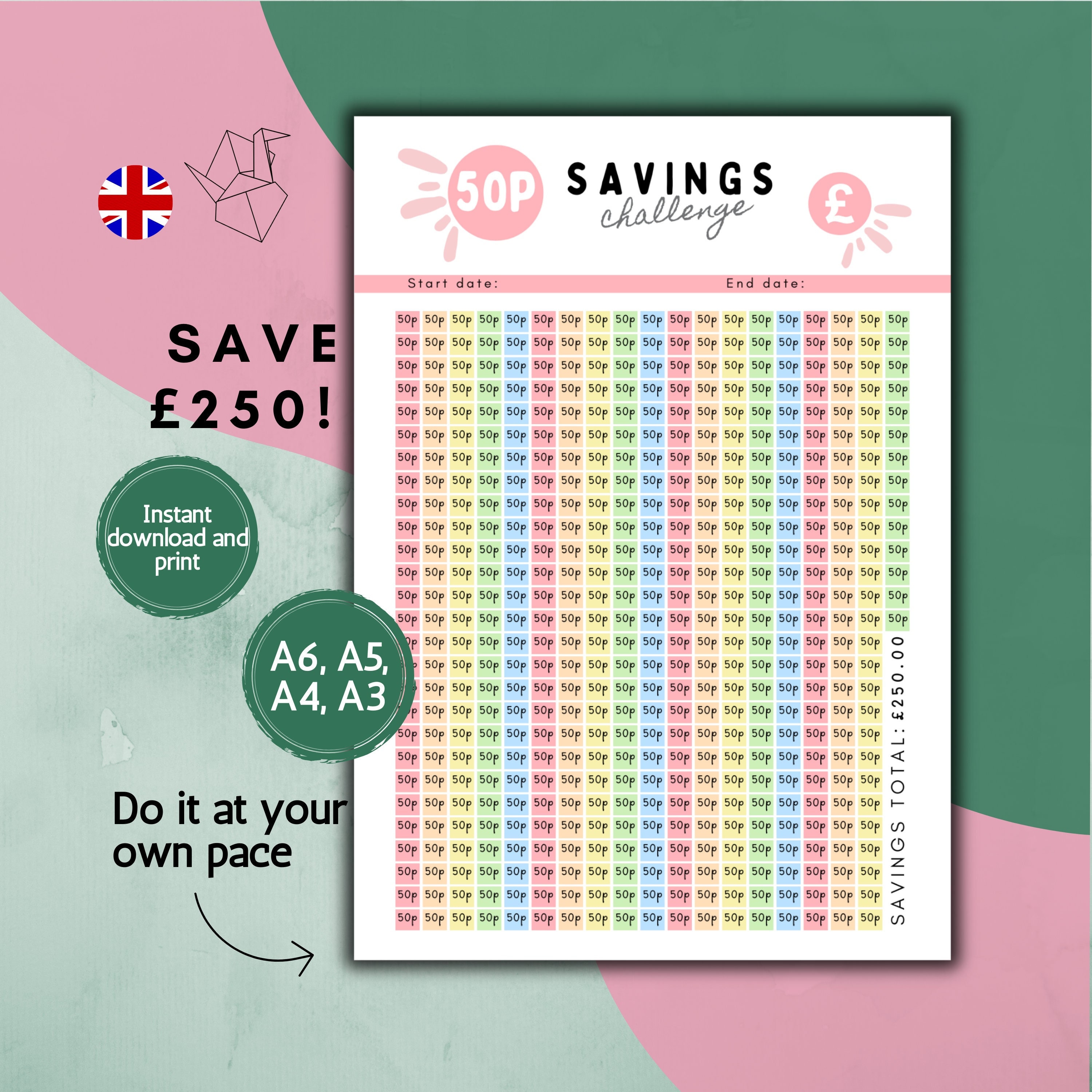 50p Savings Tracker, 50p Savings Challenge, UK Saving Challenge ...