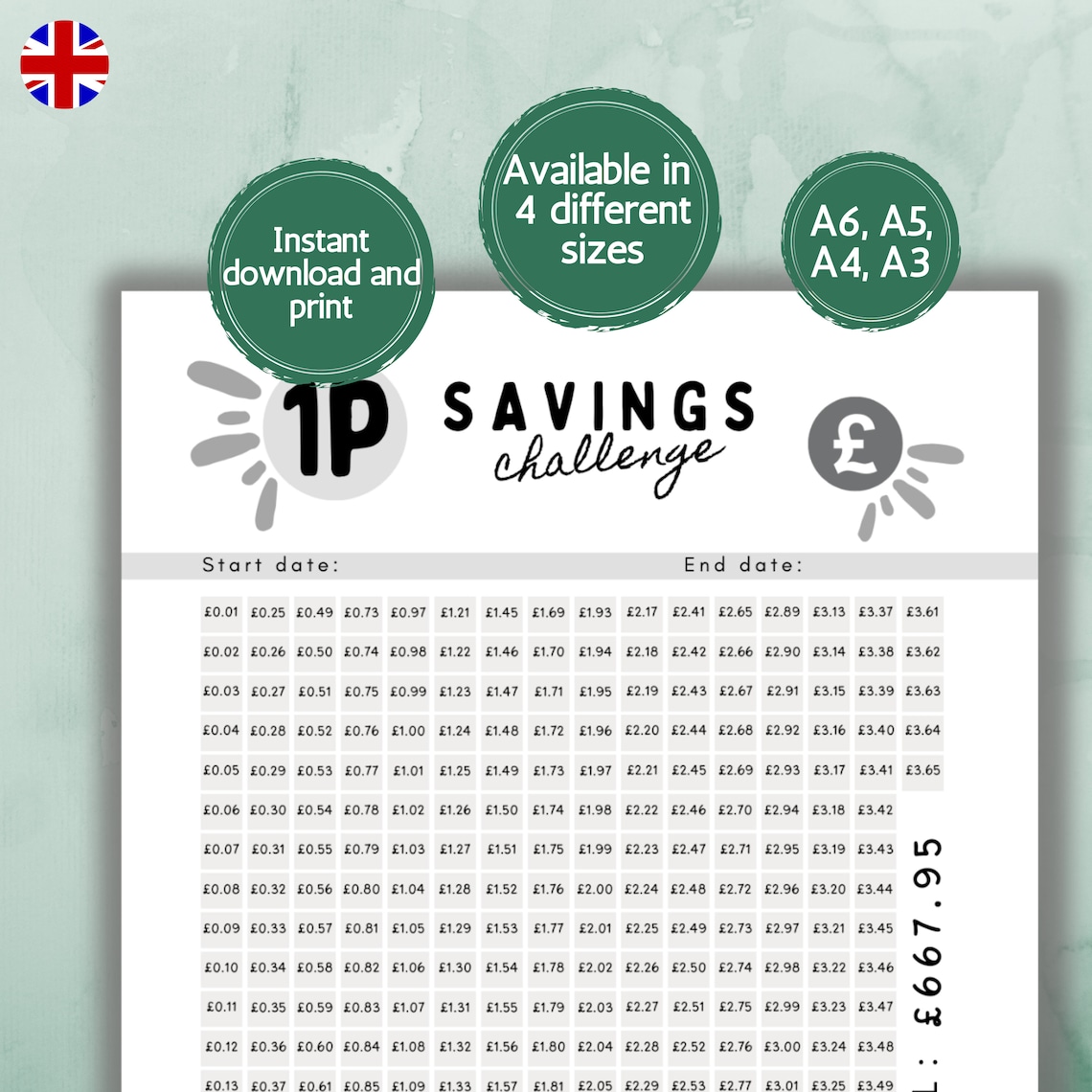 1p Saving Challenge, UK Saving Challenge Printable A3, A4, A5, A6 ...