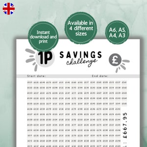 1p Saving Challenge, UK Saving Challenge Printable A3, A4, A5, A6 ...