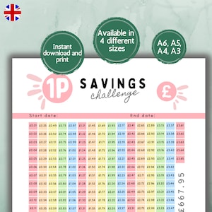 1p Saving Challenge, UK Saving Challenge Printable A3, A4, A5, A6 ...