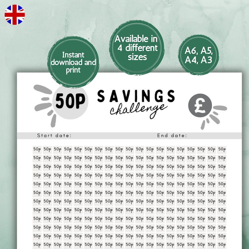 50p Savings Tracker, 50p Savings Challenge, UK Saving Challenge ...