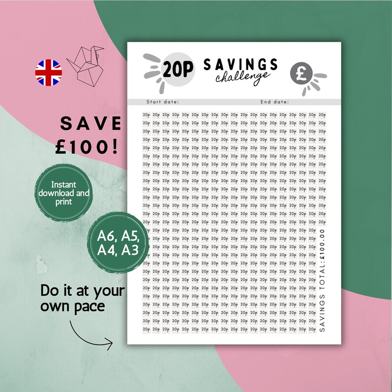 20p Savings Tracker, 20p Savings Challenge, UK Saving Challenge Printable A3, A4, A5, A6, Money ...