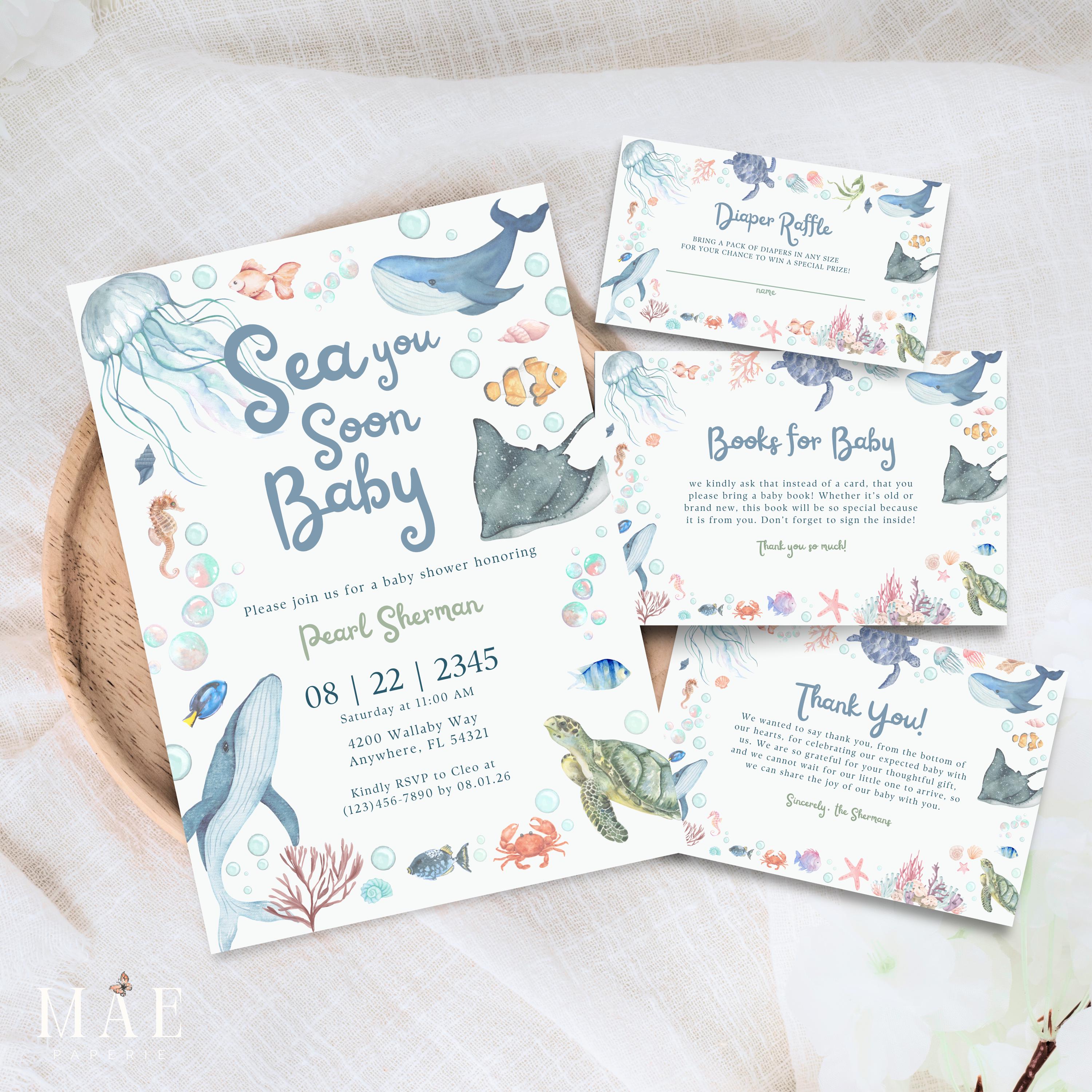 Sea You Soon Coastal Baby Shower Invitation Bundle | Editable Canva ...