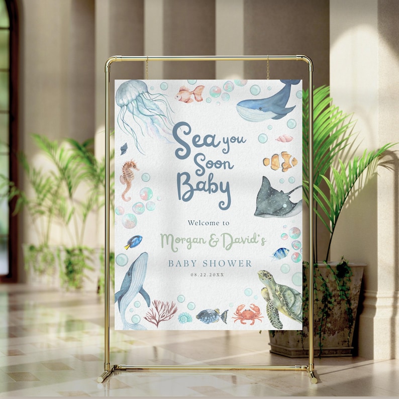 Sea You Soon Baby Shower Welcome Sign | Editable Canva Template | Ocean ...
