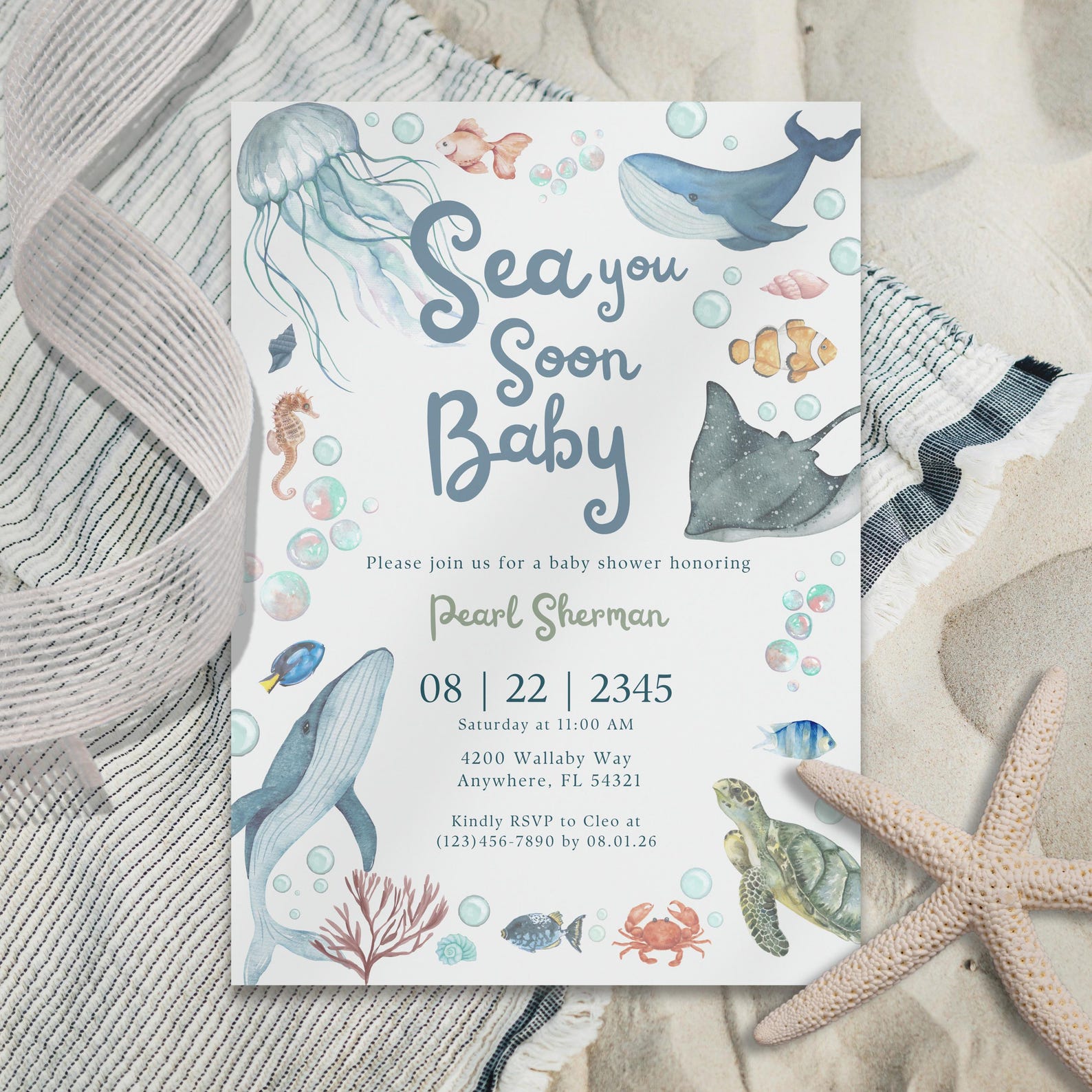 Sea You Soon Coastal Baby Shower Invitation | Editable Canva Template ...