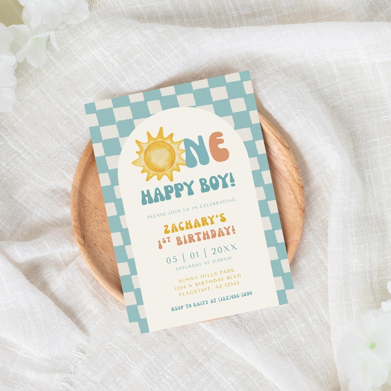 One Happy Boy 1st Birthday Invitation Template | Editable Retro Boho ...