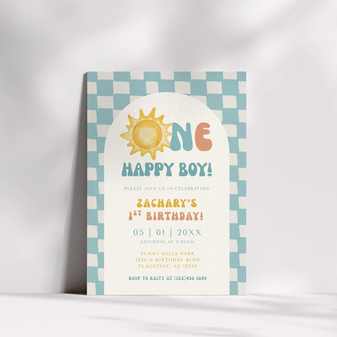 One Happy Boy 1st Birthday Invitation Template | Editable Retro Boho ...