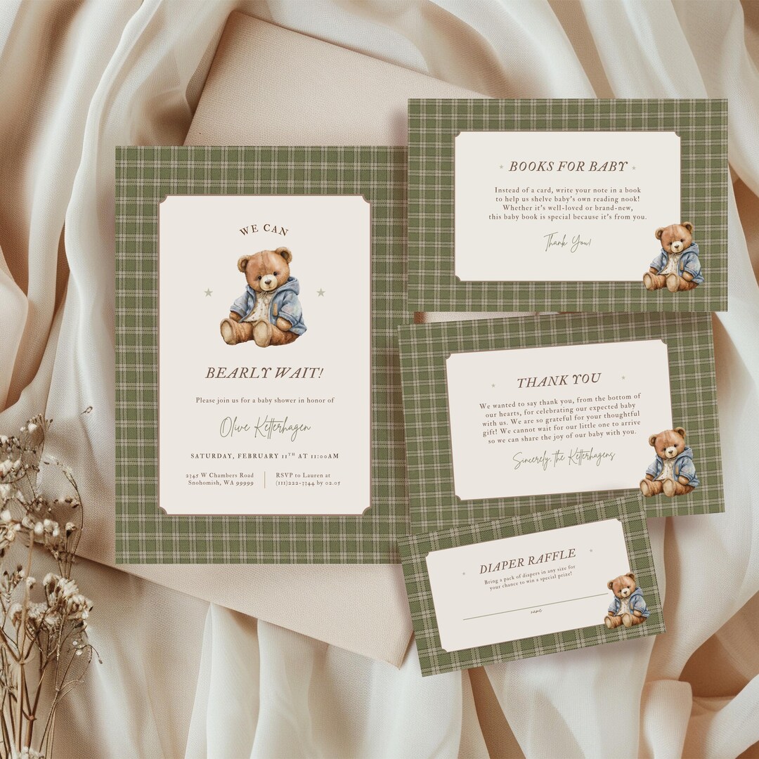Bearly Wait Plaid Baby Shower Invitation Bundle | Editable Canva ...