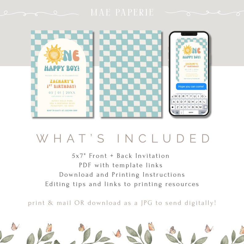 One Happy Boy 1st Birthday Invitation Template | Editable Retro Boho ...