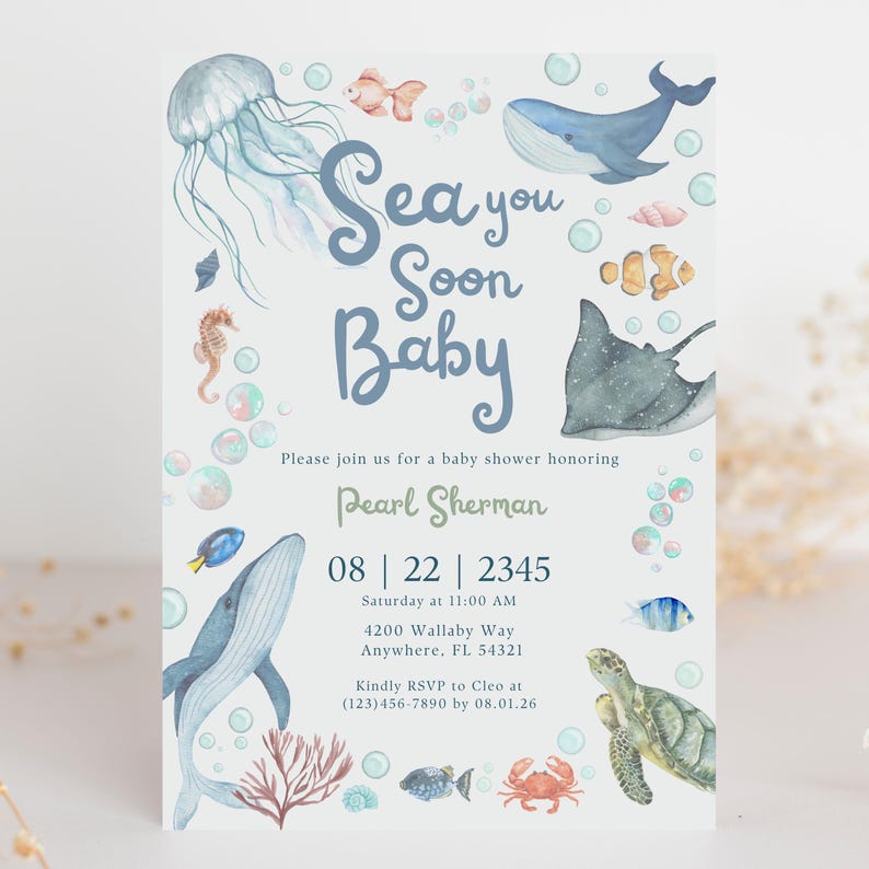 Sea You Soon Coastal Baby Shower Invitation Bundle | Editable Canva ...