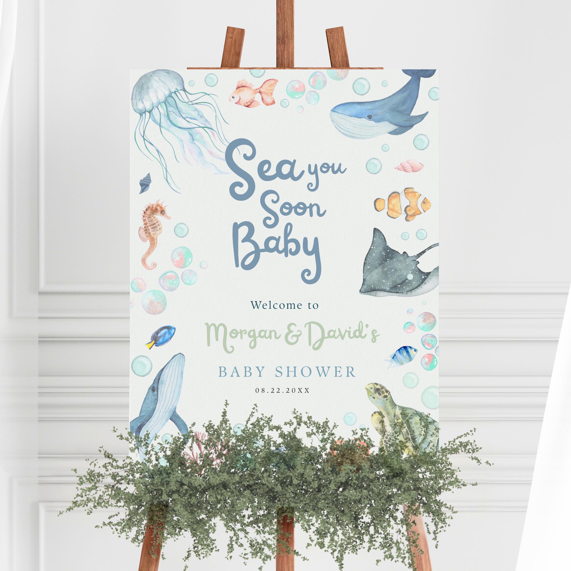Sea You Soon Baby Shower Welcome Sign | Editable Canva Template | Ocean ...