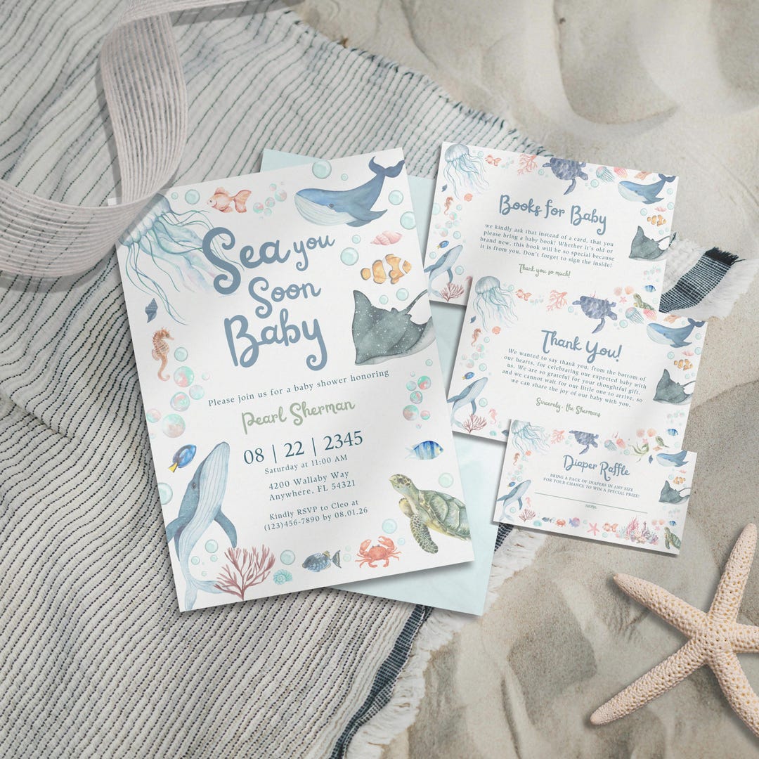 Sea You Soon Coastal Baby Shower Invitation Bundle | Editable Canva ...
