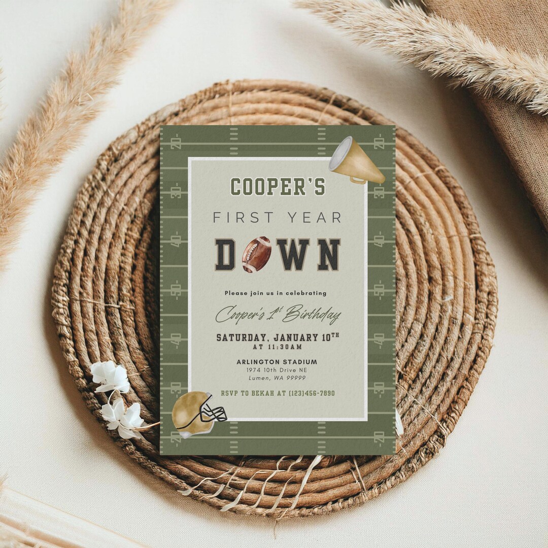 First Year Down Birthday Invitation | Editable Football 1st Birthday ...