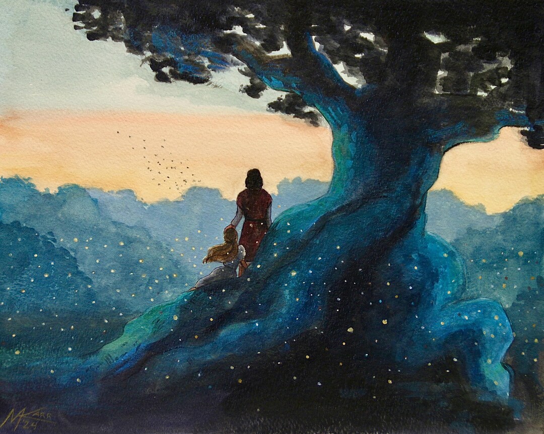 Jesus and Girl by a Tree Art Print | Fireflies | Landscape | Christian ...