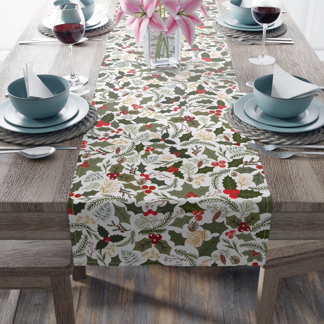 Winter Table Runner, Winter Holly Table Decor, Winter Pine Holly Leaves Table Runner, Holiday ...