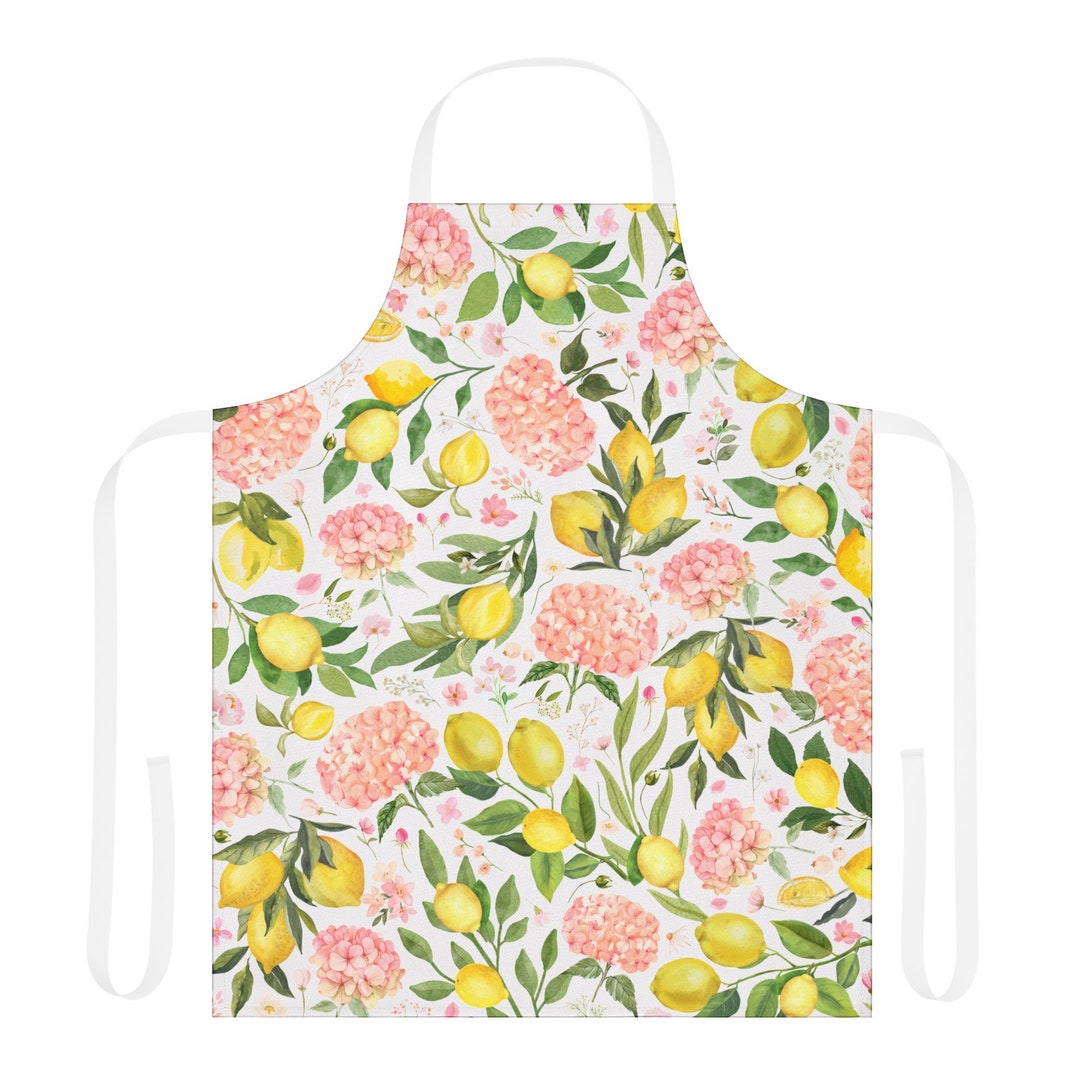 Hydrangea Lemon Apron, Lemon Pink Cooking Apron, Pink Hydrangea Baking ...