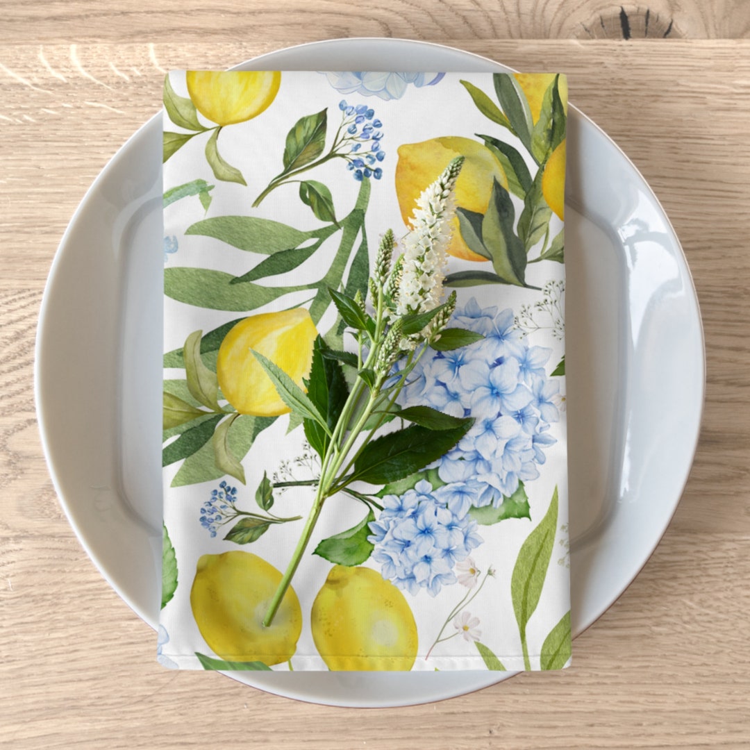 Hydrangea Lemon Napkins, Blue Hydrangea Lemon Napkin Set, Coastal ...
